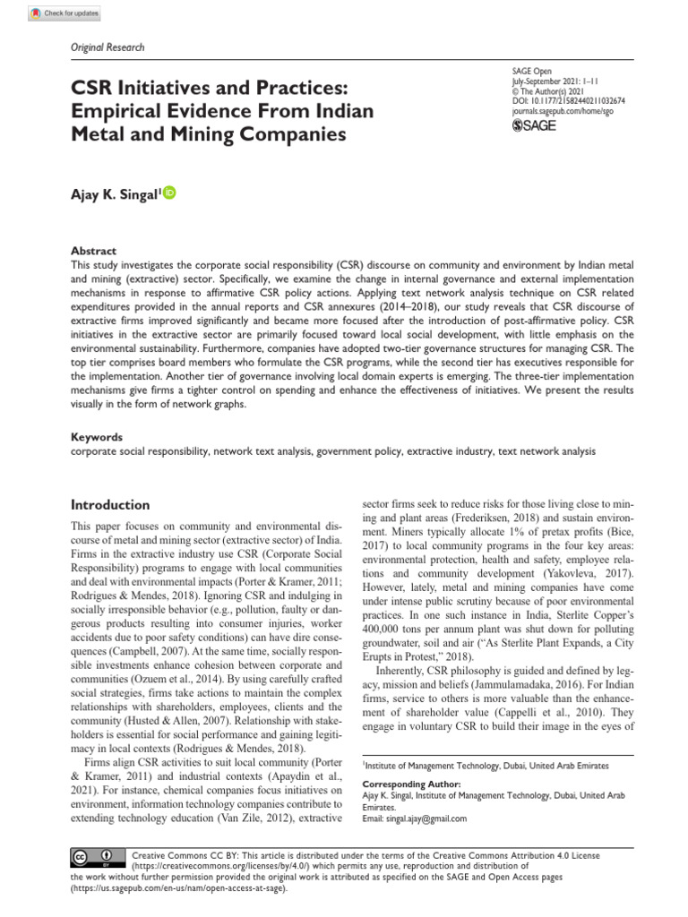 CSR Practices in Indian Mining Sector | PDF | Corporate Social ...