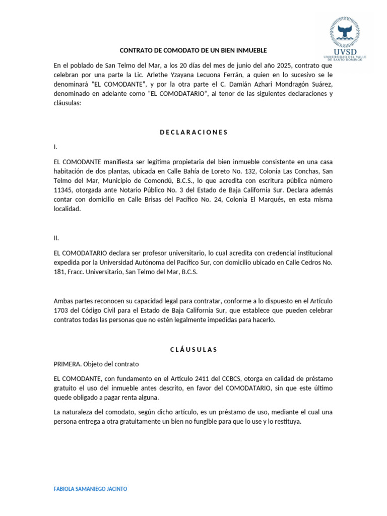 Contrato de Comodato | PDF | Derecho privado | Consentimiento