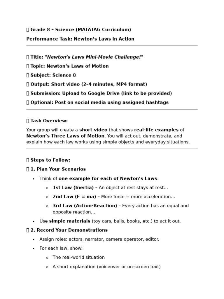 Grade 8 Performance Task Newtons Laws | PDF | Newton's Laws Of Motion