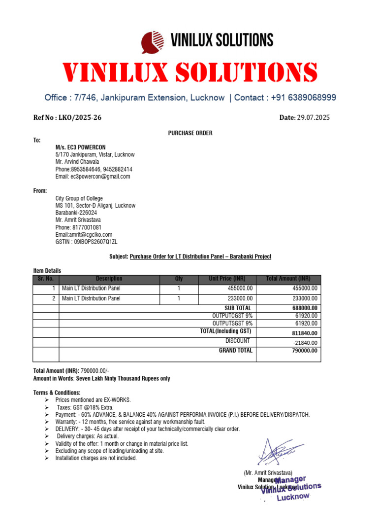 Purchase Order for LT Distribution Panel | PDF | Business | Payments