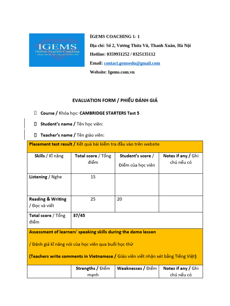 Evaluation Form - Cambridge Starters | PDF