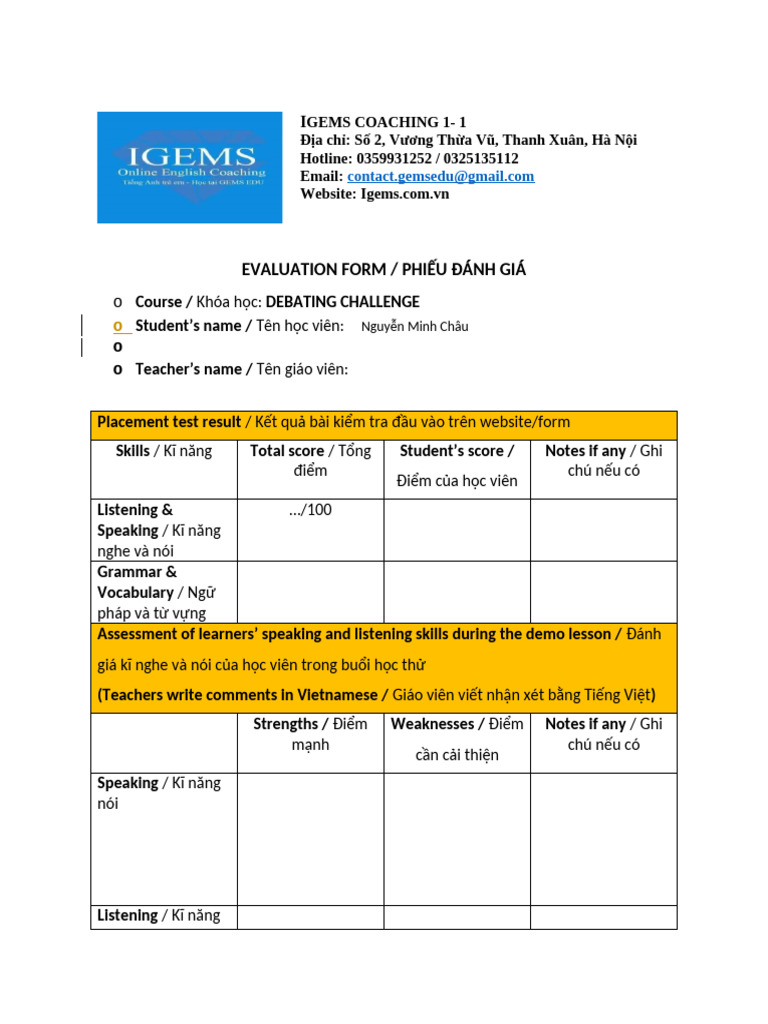 Evaluation Form - Debating Challenge Nguyễn Minh Châu | PDF