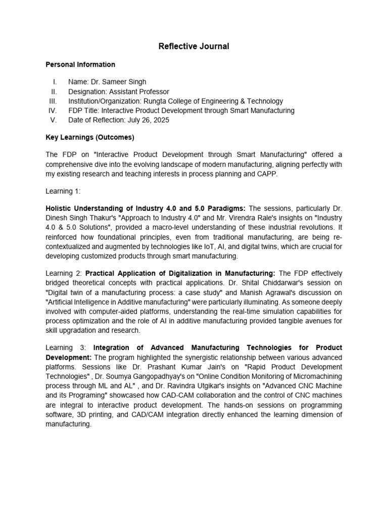 Reflective Journal - DR Sameer Singh | PDF | Artificial Intelligence | Intelligence (AI) & Semantics