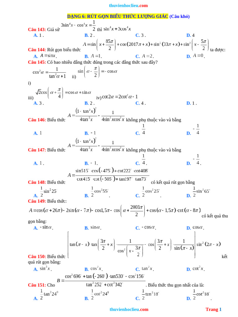 Toan 11 Dang 6 Rut Gon Bieu Thuc Luong Giac | PDF