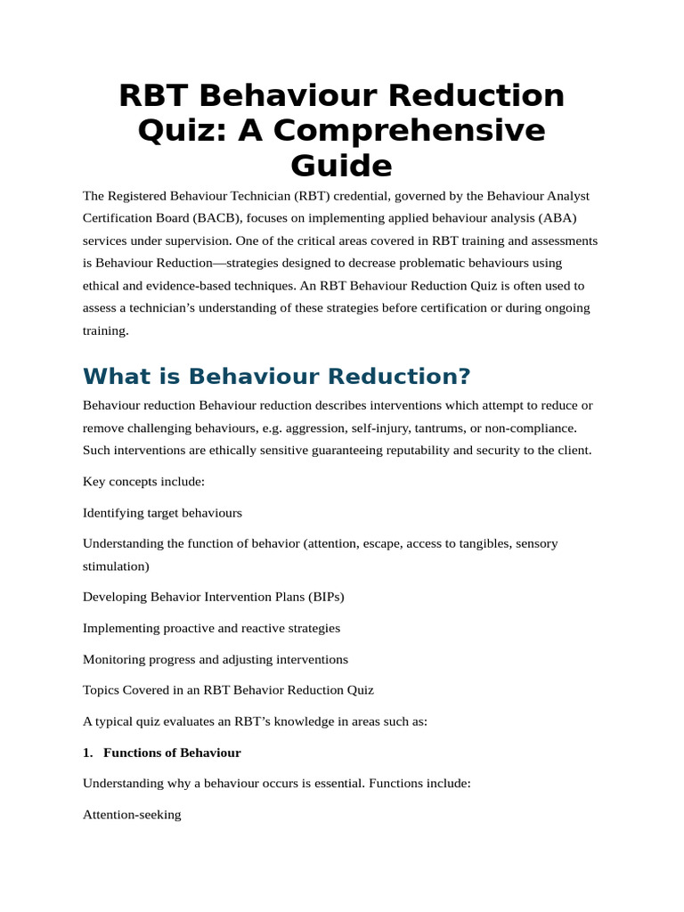 RBT Behavior Reduction Quiz Guide | PDF | Reinforcement | Behavior