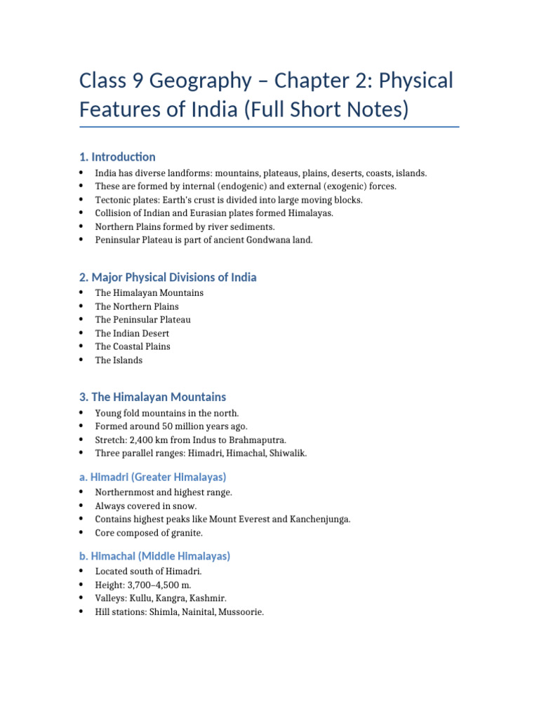 Class 9 Geography Chapter 2 Short Notes | PDF | Himalayas | Plateau