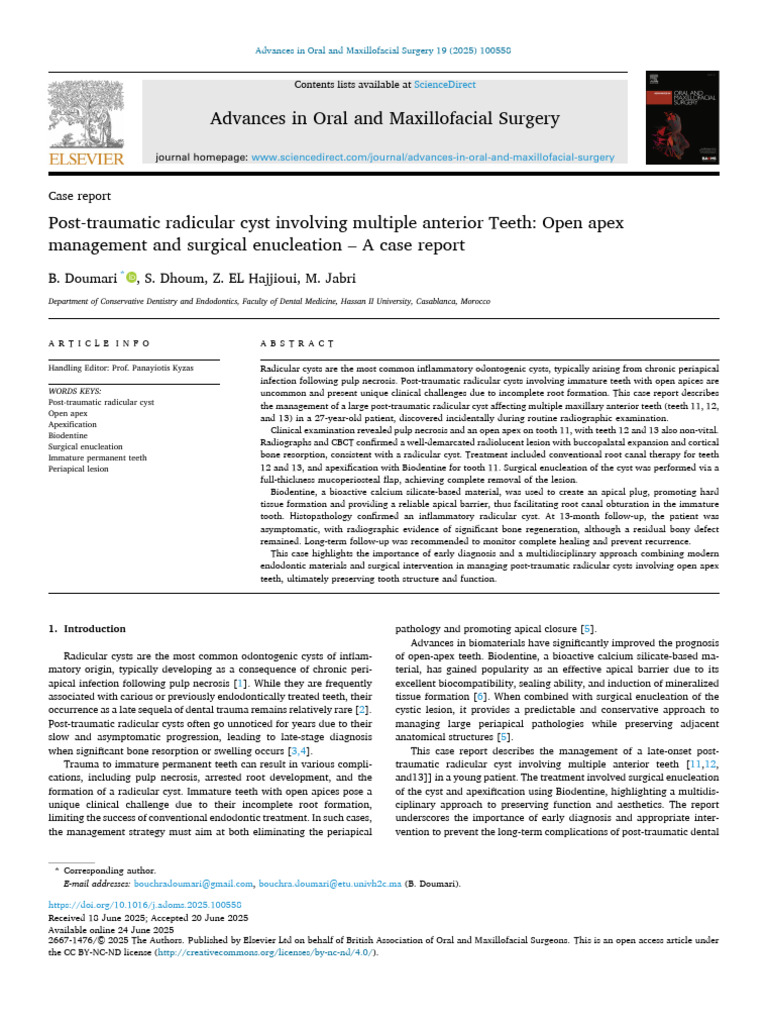 Post-Traumatic Radicular Cyst Involving Multiple Anterior Teeth Open ...