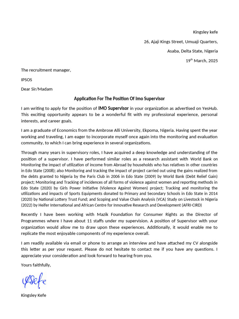 Application for IMO Supervisor Position | PDF
