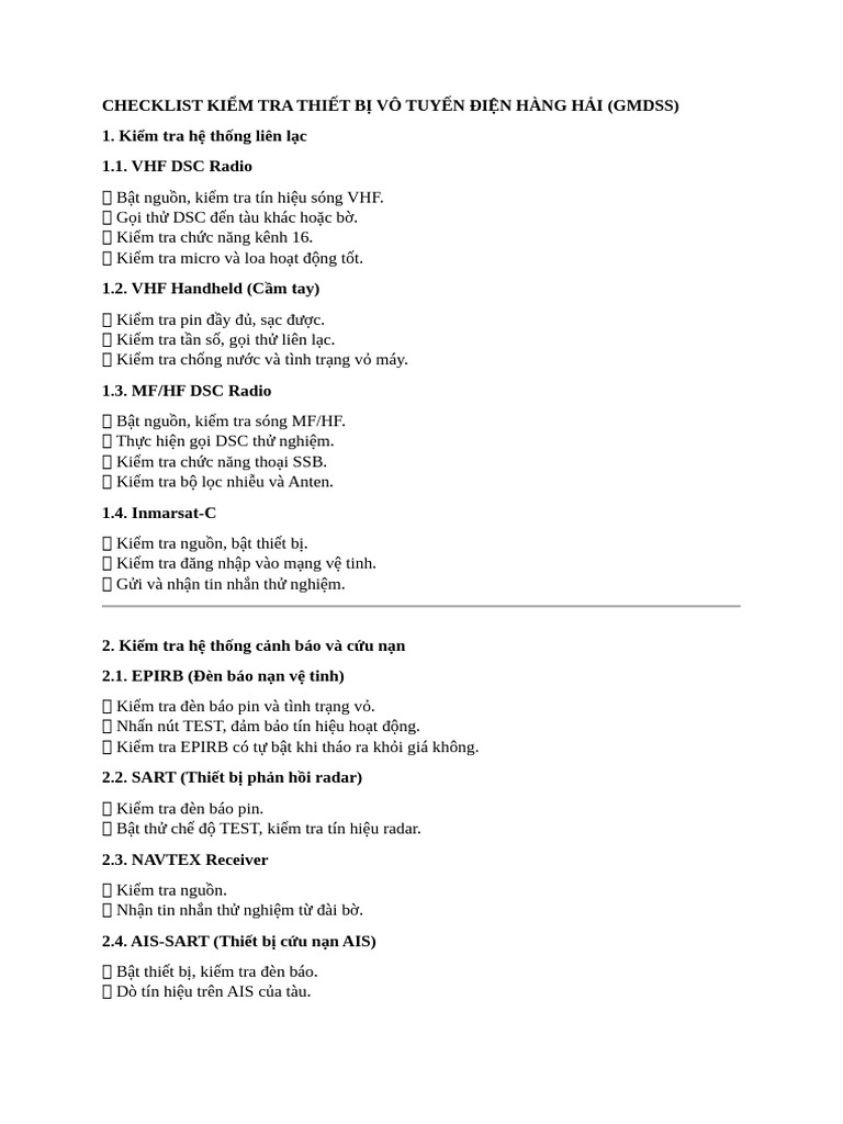 Check List Tbi Gmdss Và Nghi Khí Hàng Hải | PDF