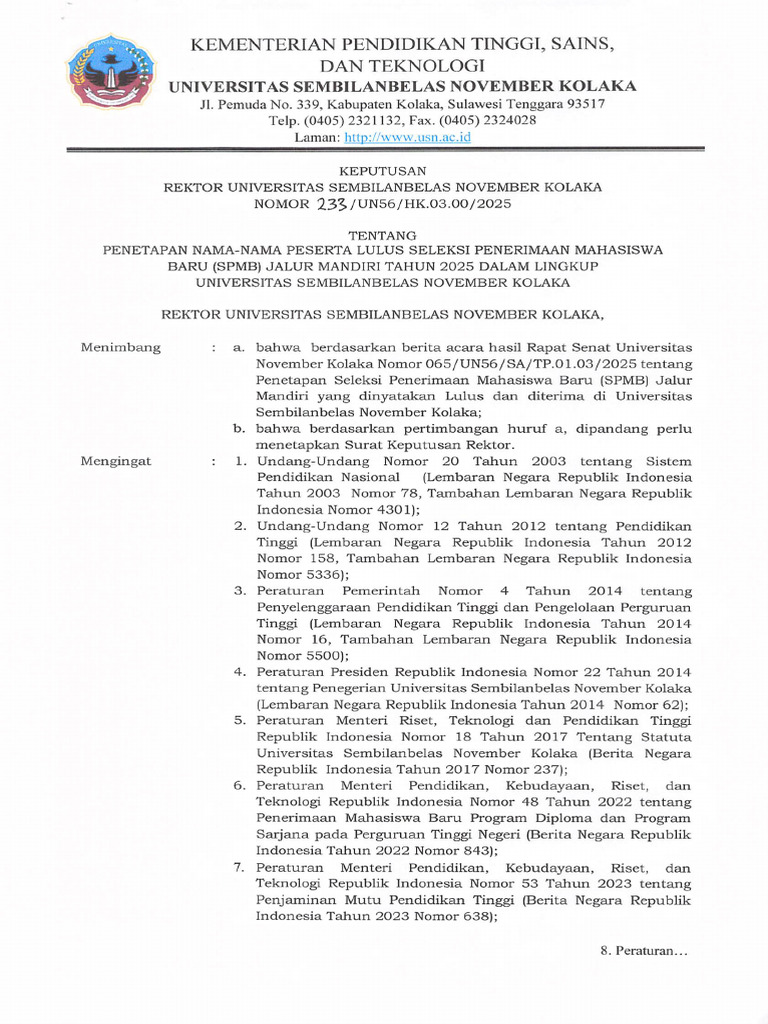 Sk Penetapan Kelulusan Spmb Jalur Mandiri 2025 | PDF