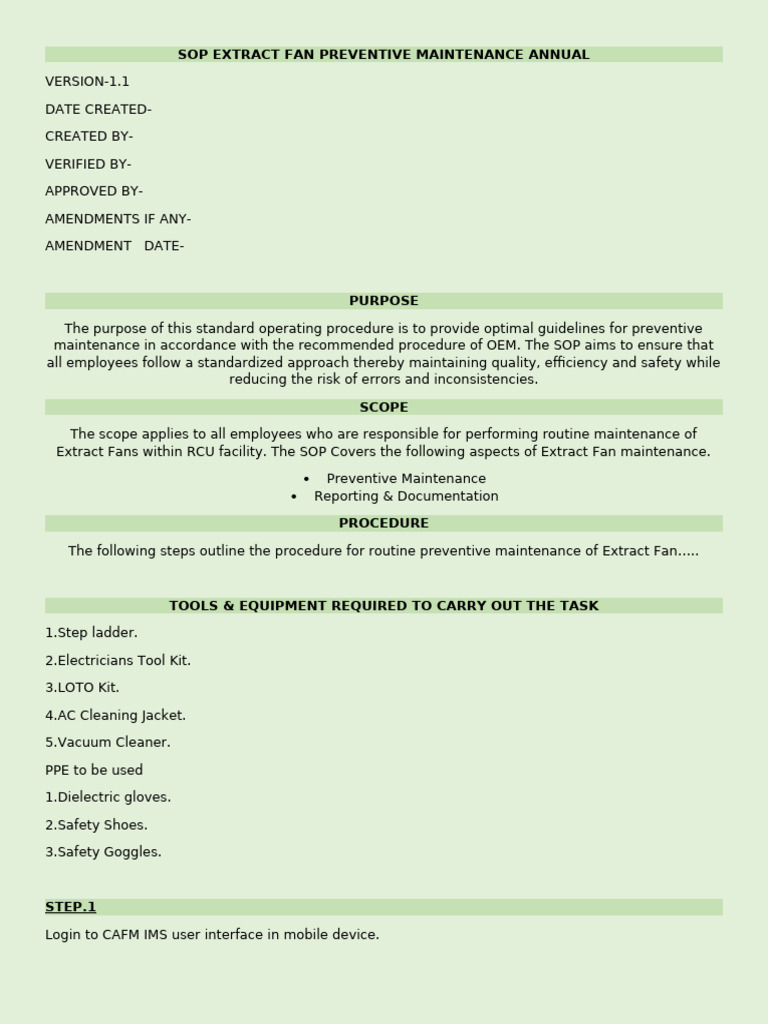 Extract Fan Maintenance SOP Guide | PDF | Personal Protective Equipment
