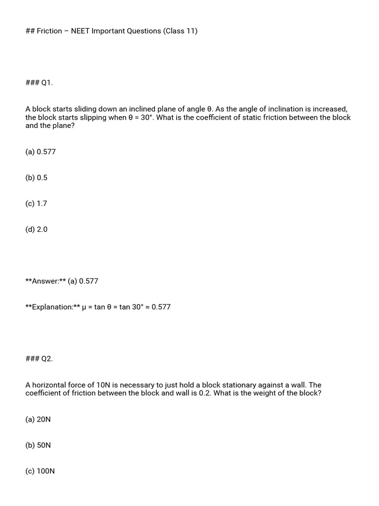 NEET Friction Questions for Class 11 | PDF