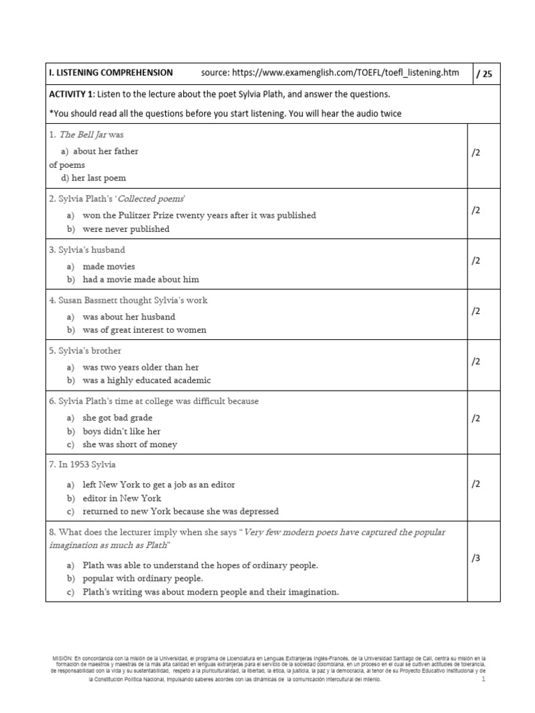 Listening Activity, Sylvia Plath | PDF | Sylvia Plath | Chess