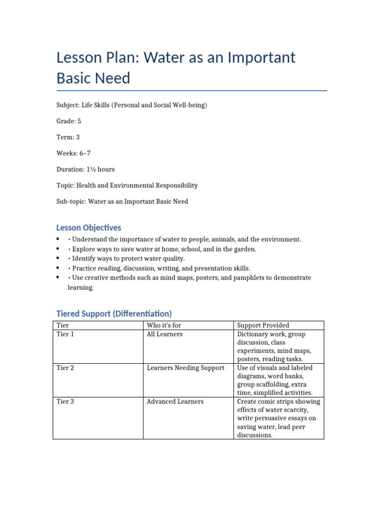 Water: Essential Needs for Grade 5 | PDF | Learning | Lesson Plan