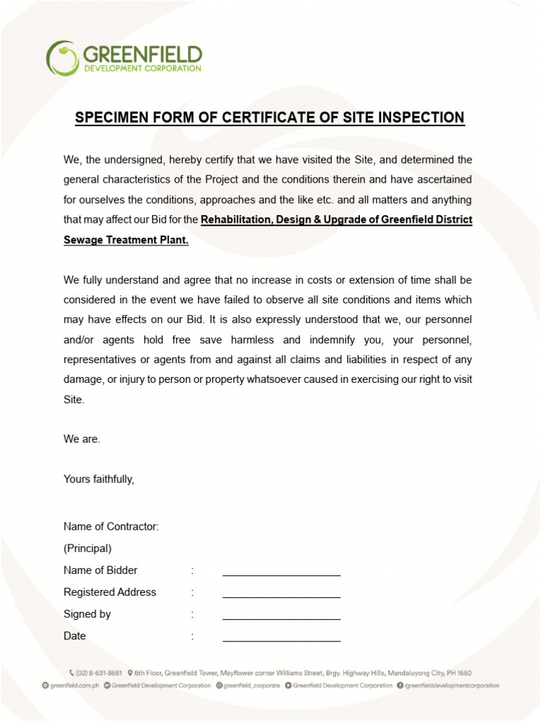 Site Inspection Certificate - District STP Rehab | PDF