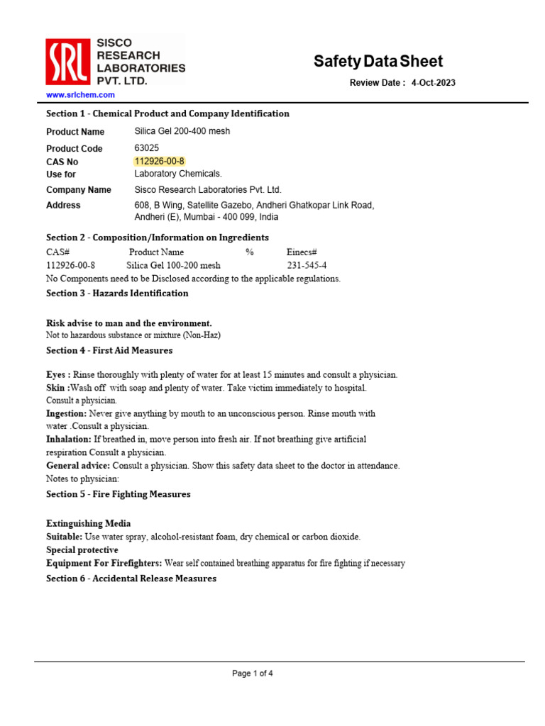 Silica Gel 200-400 Mesh MSDS - SRL | PDF | Occupational Safety And ...