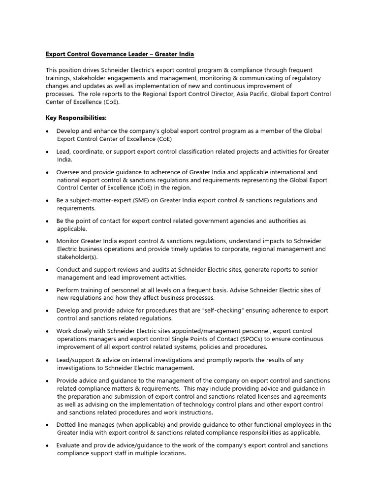 Export Control Governance Leader - Greater India | PDF | Regulatory ...