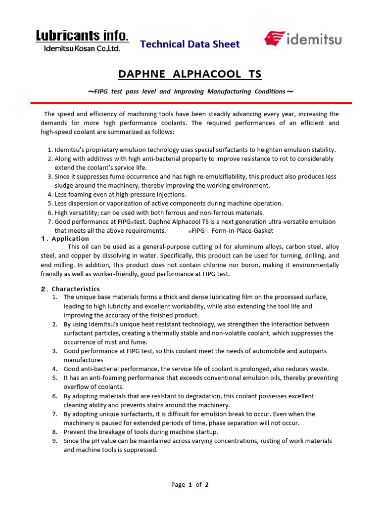Daphne Alphacool Ts Eng Product Sheet 1 | PDF | Emulsion | Industrial ...