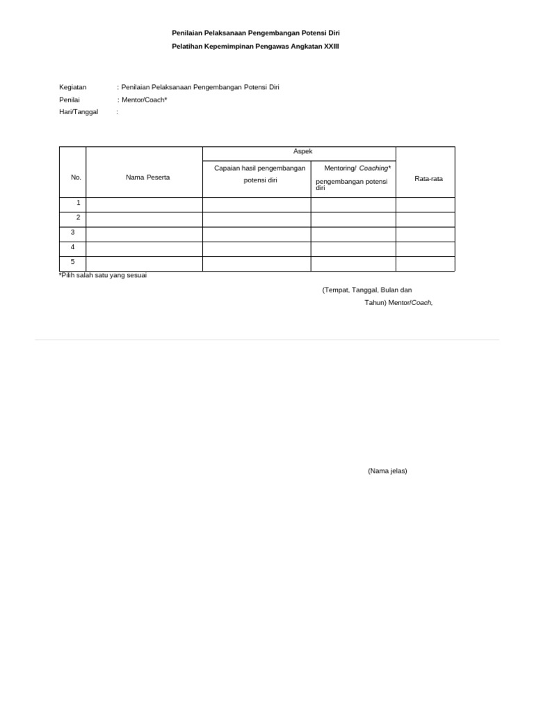Form Fisik Coach - Penilaian Pelaksanaan Pengembangan Potensi Diri | PDF