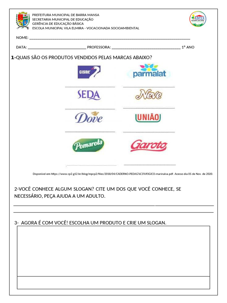 Atividade de Criação de Slogans para 1º Ano | PDF