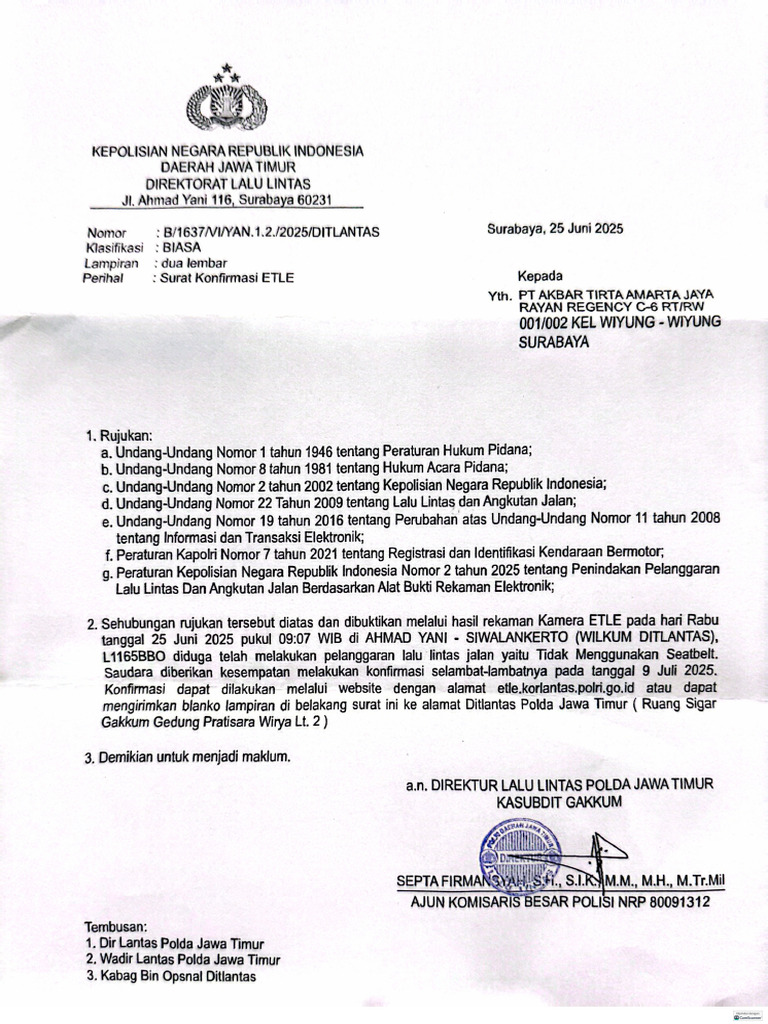 Surat Konfirmasi ETLE L 1165 BBO | PDF