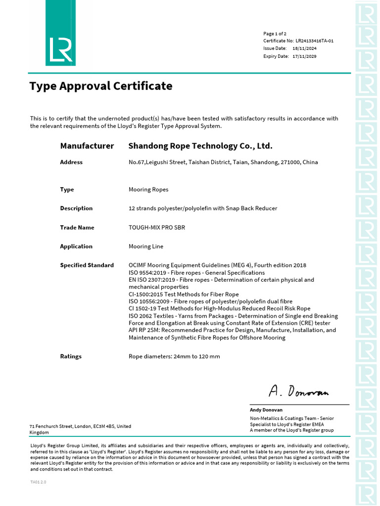 Type Approval Certificate for Mooring Ropes | PDF | Rope | Fibers
