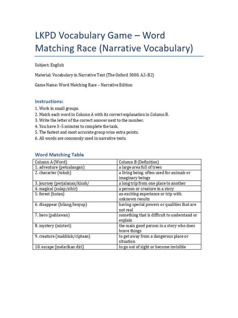 LKPD Vocabulary Game Word Matching Race Narrative | PDF | Linguistics