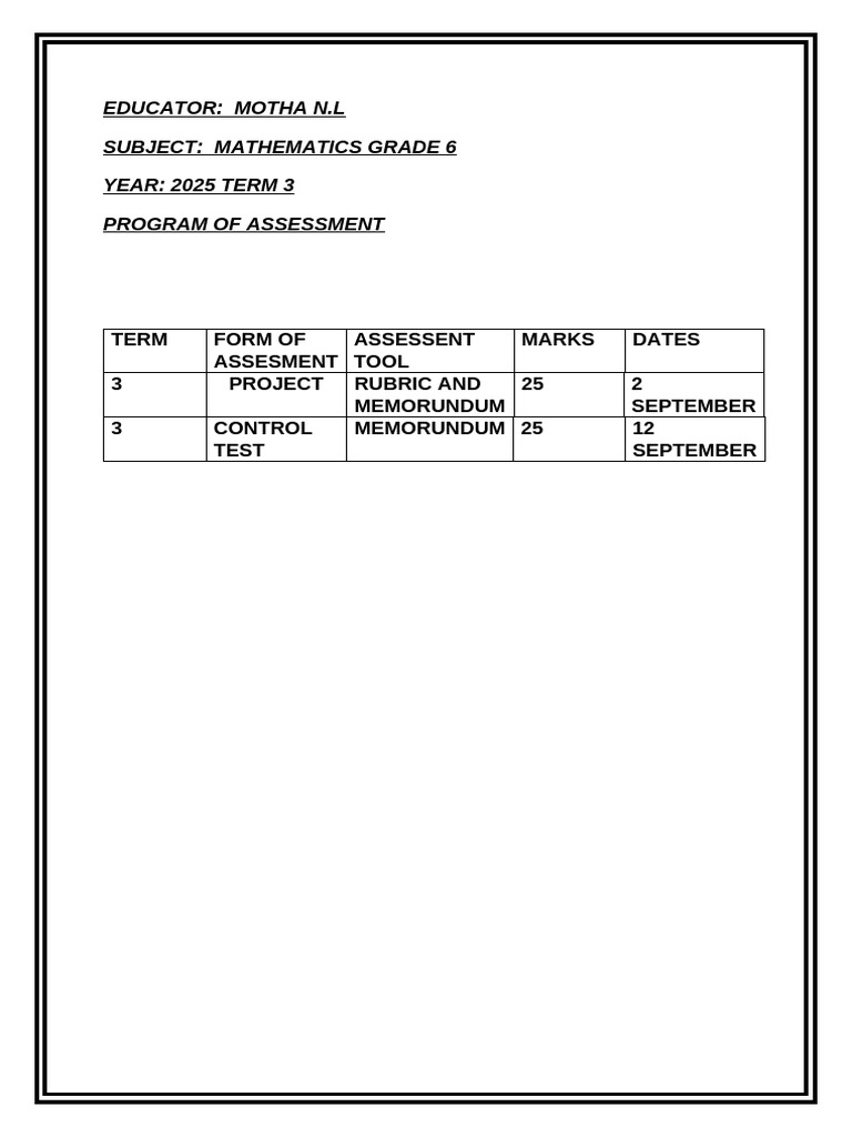 Grade 6 Math Assessment 2025 Plan | PDF