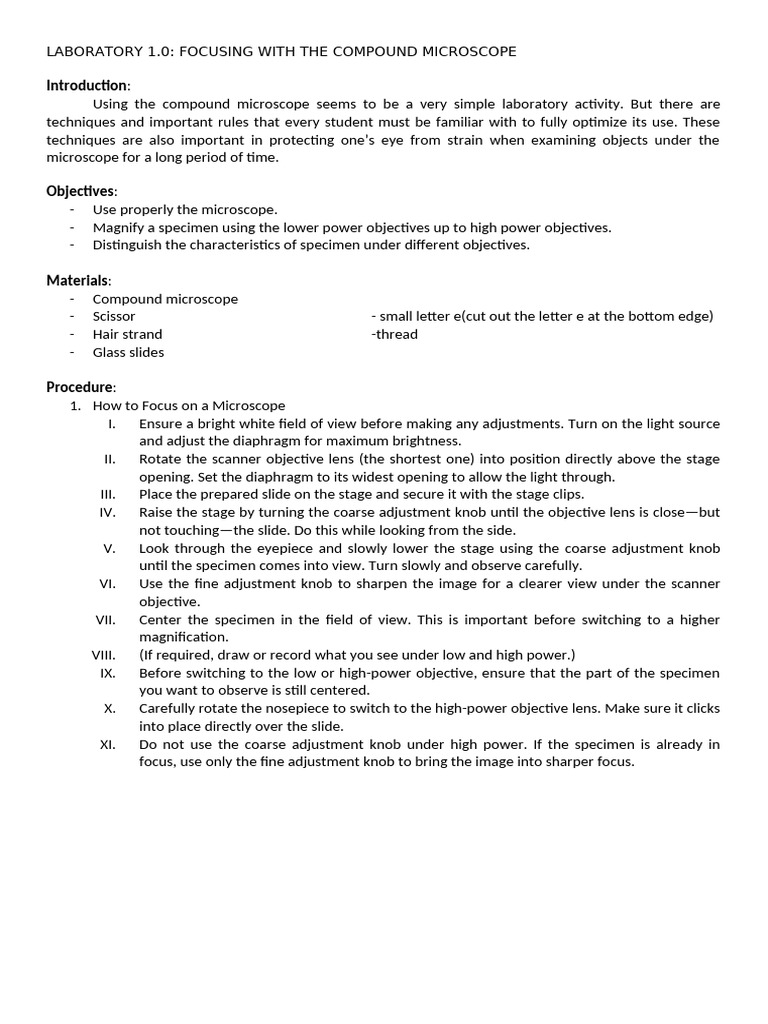 Laboratory Activity 1-FOCUSING WITH THE COMPOUND MICROSCOPE | PDF | Equipment | Microscopy