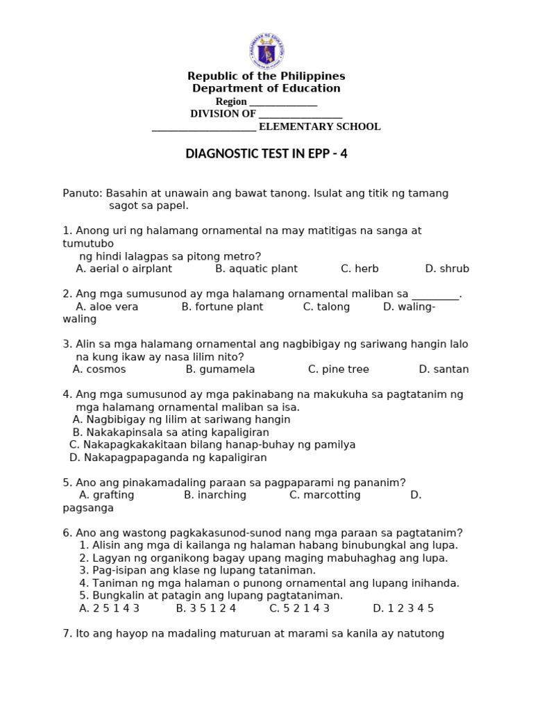 Diagnostic Test - Epp 4 v2 | PDF