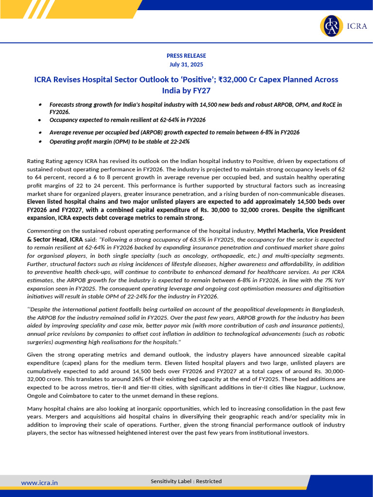 ICRA Press Release-Hospital Industry-July 2025 | PDF | Credit Rating ...