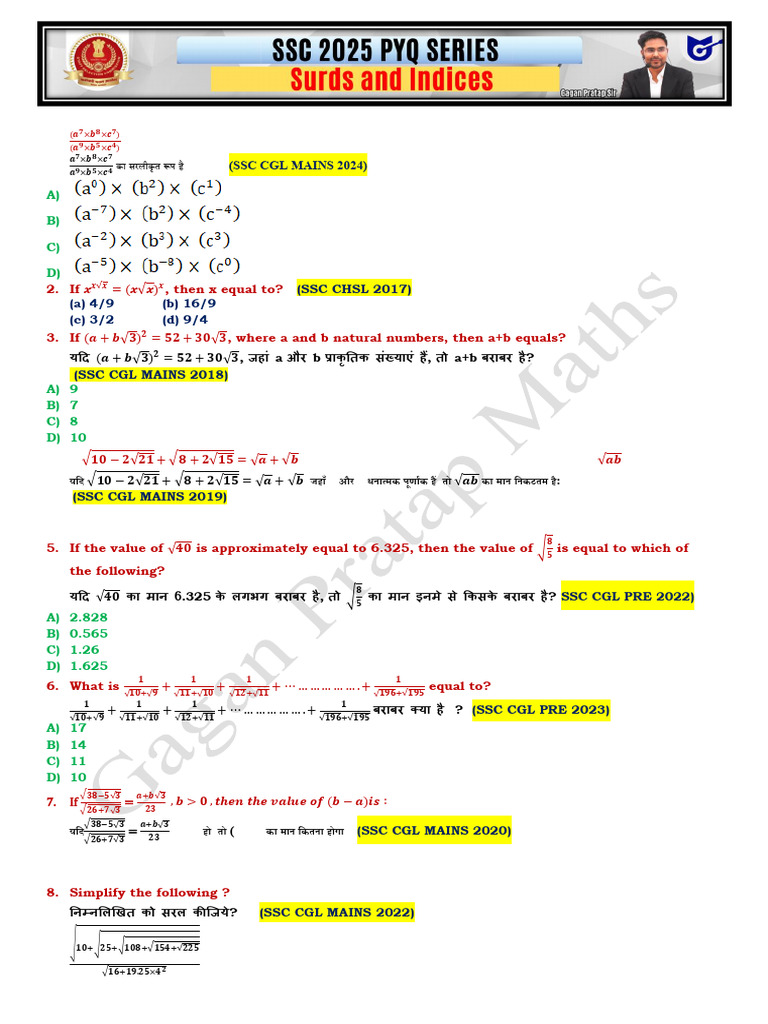 Maths Pyq Series Surds and Indices by Gagan Pratap Sir | PDF