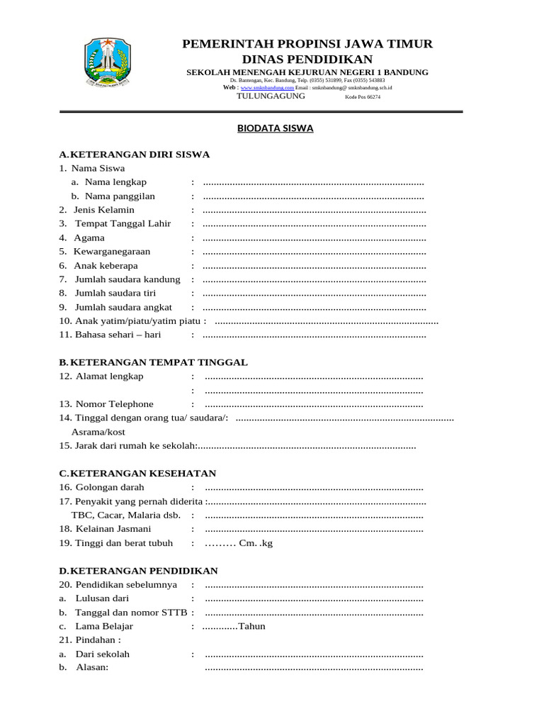 Formulir Biodata Siswa | PDF