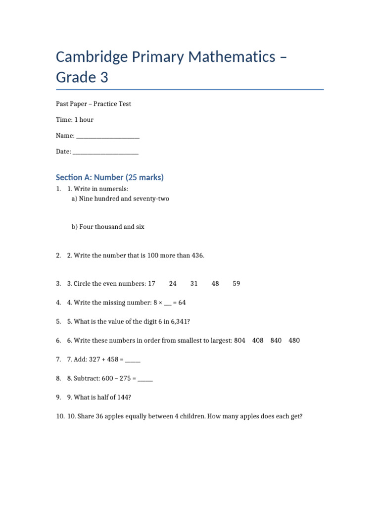 Grade 3 Cambridge Maths Past Paper | PDF