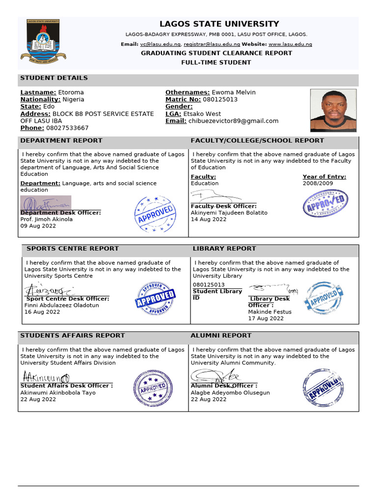 LASU Graduating Students Clearance (MELVIN) System | PDF