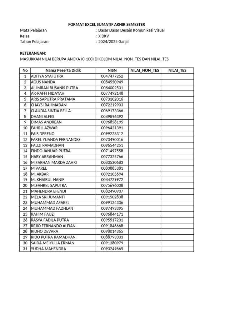 Format Excel Nilai Akhir DKV X | PDF
