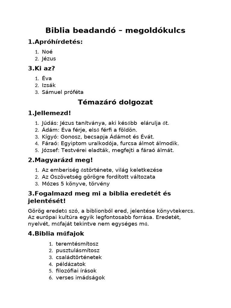 Biblia Beadandó Megoldókulcs | PDF