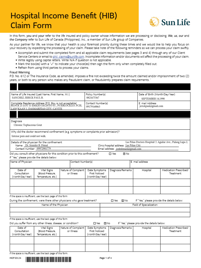 Claim Form - Hospital Income Benefit | PDF | Neurology | Medicine