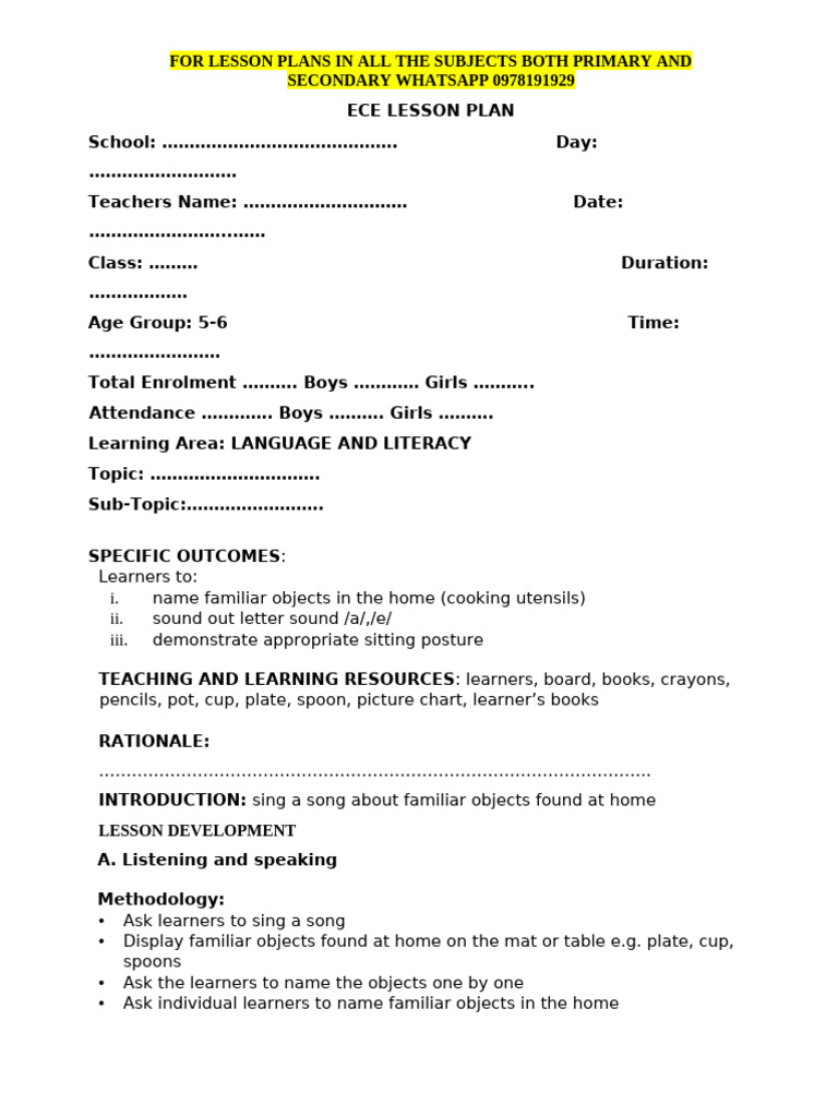 Ece Lesson Plan Sample | PDF | Lesson Plan | Teaching