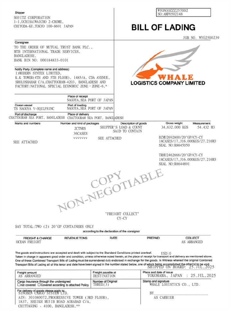 Revised 250729 HBL Draft - Wyongozzz257002 - Rev | PDF | Cargo | Water ...