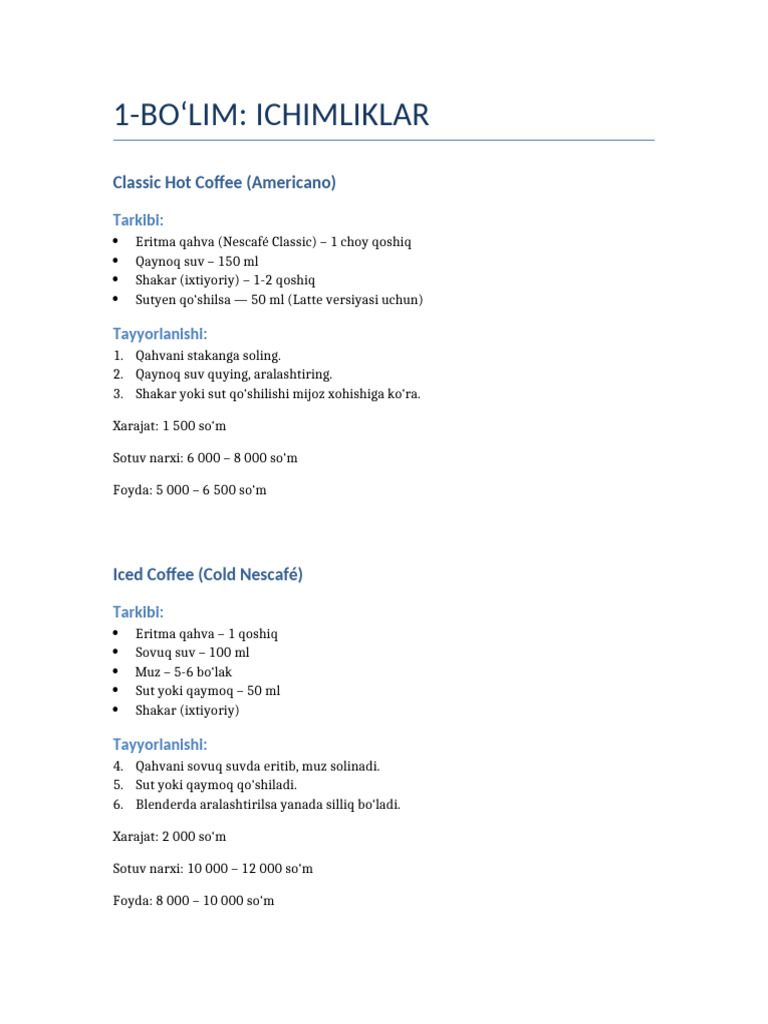 1-Bo'Lim Ichimliklar Menyu | PDF