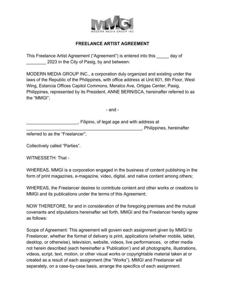 Freelance Artist Agreement with MMGI | PDF | Copyright | Property