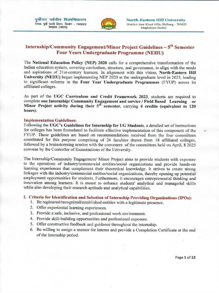 Internship Guideline NEHU - Notified | PDF