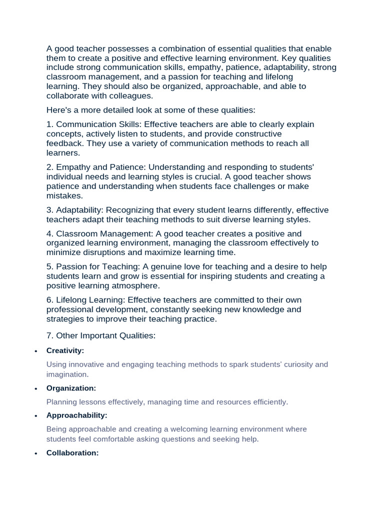 A Good Teacher Possesses A Combination of Essential Qualities That ...