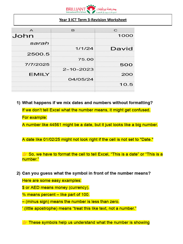 Y3-T1-TERM 3 - Revision Worksheet | PDF | Spreadsheet | Microsoft Excel