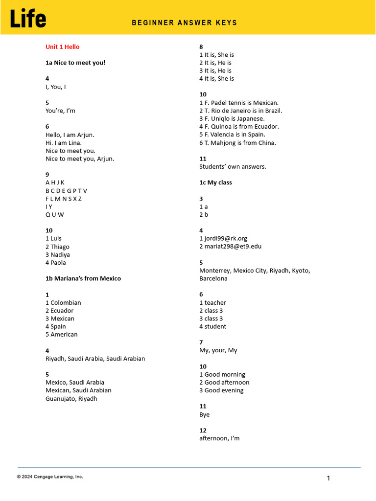 Life (Third Edition) Beginner Student's Book Answer Key | PDF