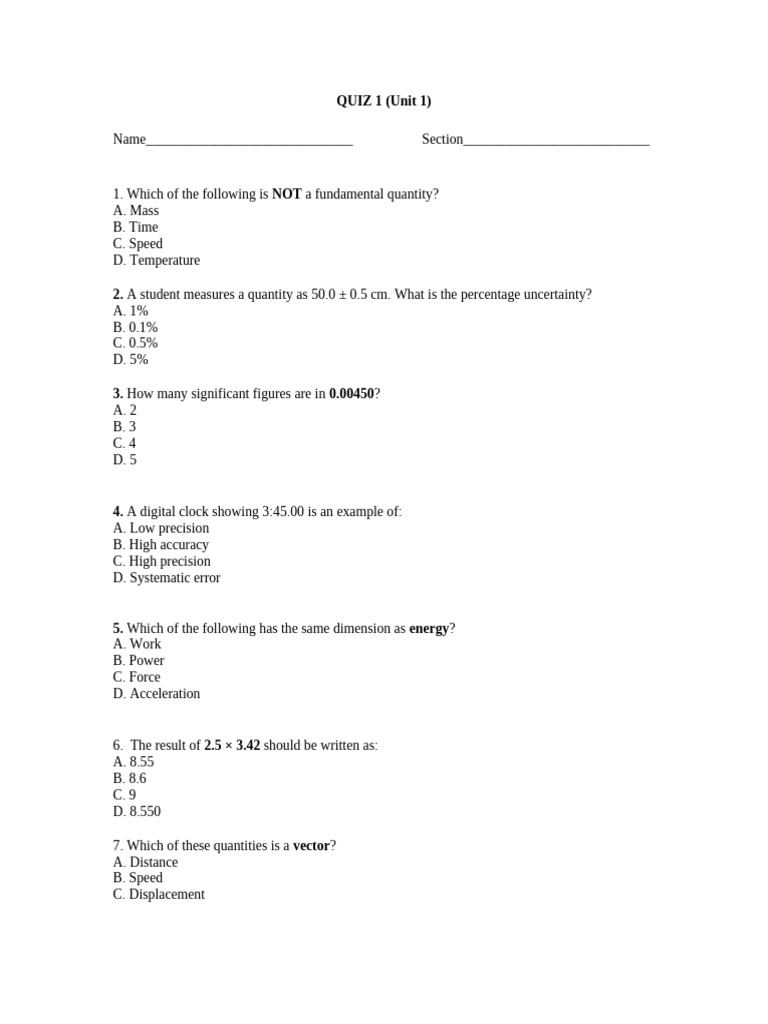 Quiz Physics | PDF | Significant Figures | Accuracy And Precision