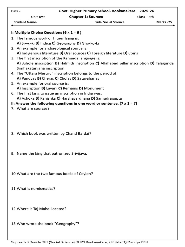 8th Standard Social Science Unit Test | PDF