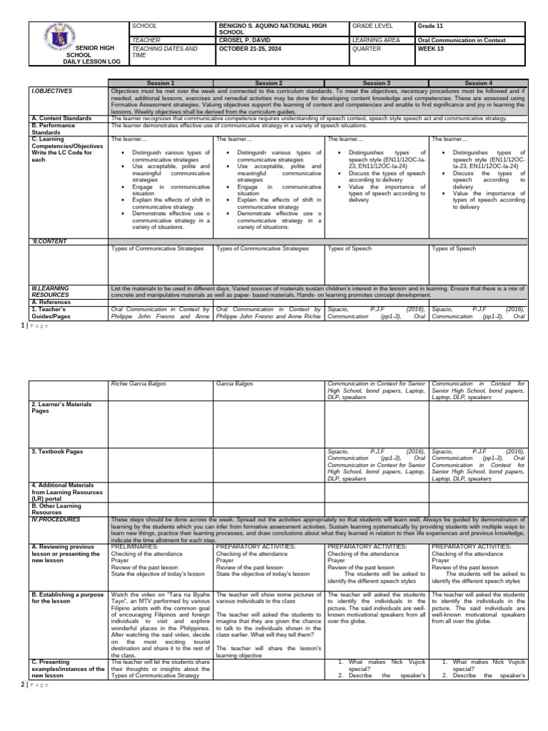 Grade 11 Oral Communication Lesson Plan | PDF | Learning | Curriculum