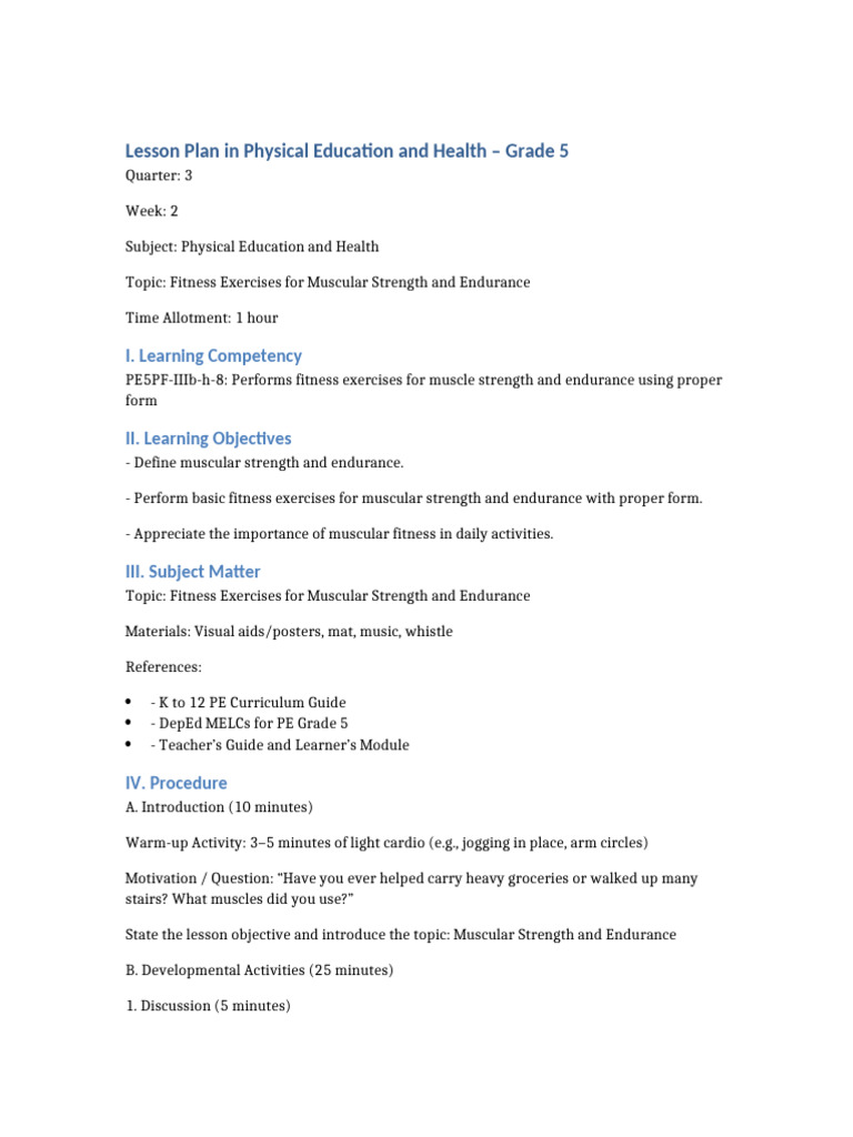 Grade 5 Fitness Exercises Lesson Plan | PDF | Physical Fitness ...